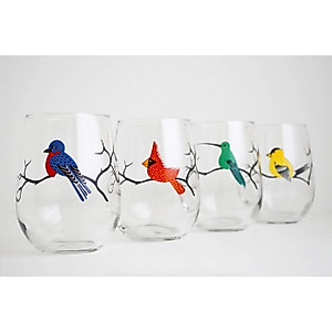 Bird Glassware Set of 4 Stemless Wine Glasses, Cardinal, Bluebird, Yellow Finch, Hummingbird Glass Collection