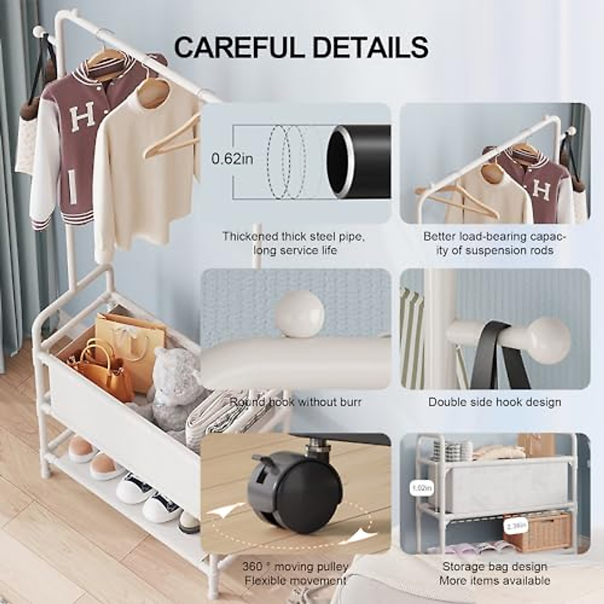 TGRNF 3 Tier Laundry Free Standing Clothing Racks for Hanging Clothes Kids Wardrobe Rack Small Organizer Rolling with Shelves for a Tiny Room Heavy Duty on Wheels Garment Portable Closet white