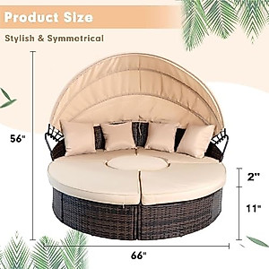 Betterland Outdoor Furniture Patio Round Daybed with Retractable Canopy, Brown Wicker Clamshell Sectional Seating with Cushions for Patio, Backyard, or Porch, Pool Round Bed