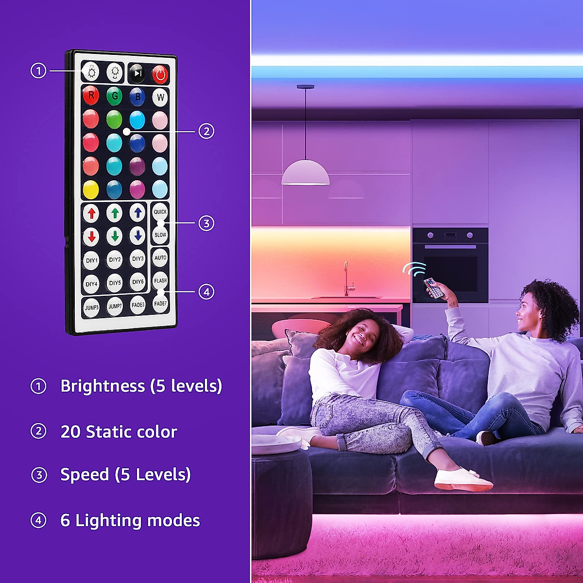 Lepro 65.6ft LED Strip Lights, Ultra-Long RGB 5050 LED Strips with Remote Controller and Fixing Clips, Color Changing Tape Light with 12V ETL Listed Adapter for Bedroom, Room, Kitchen, Bar(32.8FTX 2)
