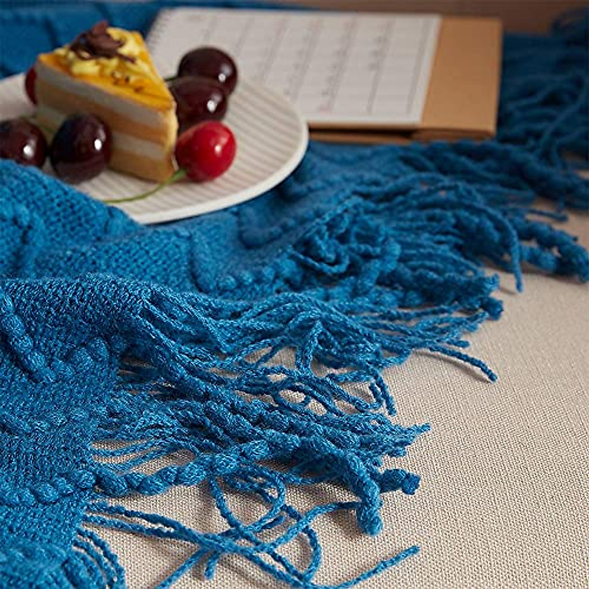 NexHome Throw Blanket for Bed Blue Decorative Knit Blanket with Tassel Fringe Soft Lightweight Zigzag Textured Boho Throws (50"x60" Royal Blue)