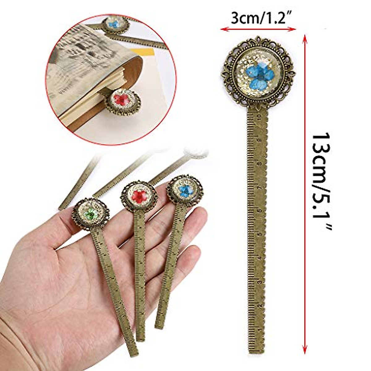 OwnMy 6 Pcs of Metal Bookmark Ruler, Bronze Book Mark Retro Bookmark with Vintage Dried Flower, Bookmark for Student, Kids, Teacher, Book Club (Cherry Blossoms)