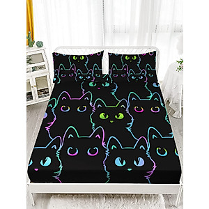 Axolotl Kids Bedding Cartoon Cat Sheet Set Twin Size,Gradient Line Cute Cat Bedding Set,4Pcs Kawaii Cat Bed Sets with 1 Fitted Sheet 1 Flat Sheet 2 Pillowcases for Kids Boys Girls Adults Teens,Black