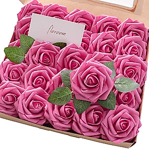 Floroom Artificial Flowers 50pcs Real Looking Hot Pink Foam Fake Roses with Stems for DIY Wedding Bouquets Baby Shower Centerpieces Floral Arrangements Party Tables Home Decorations