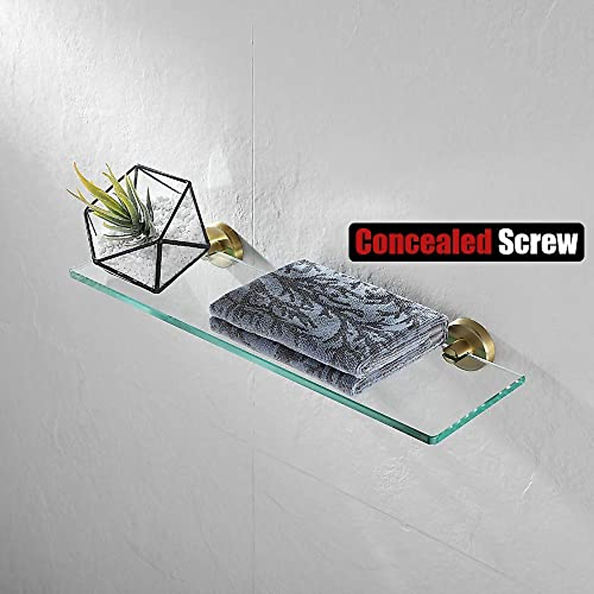 JQK Bathroom Glass Shelf Gold, Tempered Glass Shower Storage 16 by 5 inches, 304 Stainless Steel Brushed Gold Wall Mount, TGS101-BG