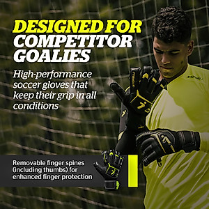 Storelli Gladiator Elite 3.0 Goalkeeper Gloves, Breathable High-Impact Hand Protection with 5 Removable Finger Spines, Premium Hand Grip for Soccer Goalies, 1 Pair, Black & Yellow, Size 9