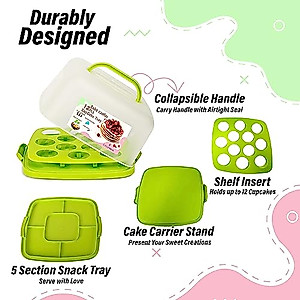 CASYMAR Portable Cake Carrier with 12 Cupcake Holder with Lid- Plastic Cake Containers with Lids Includes Knife & Accessories-Two Sided Base for Snacks Cookies Nuts Fruit etc-Suitable for 12-inch Cake