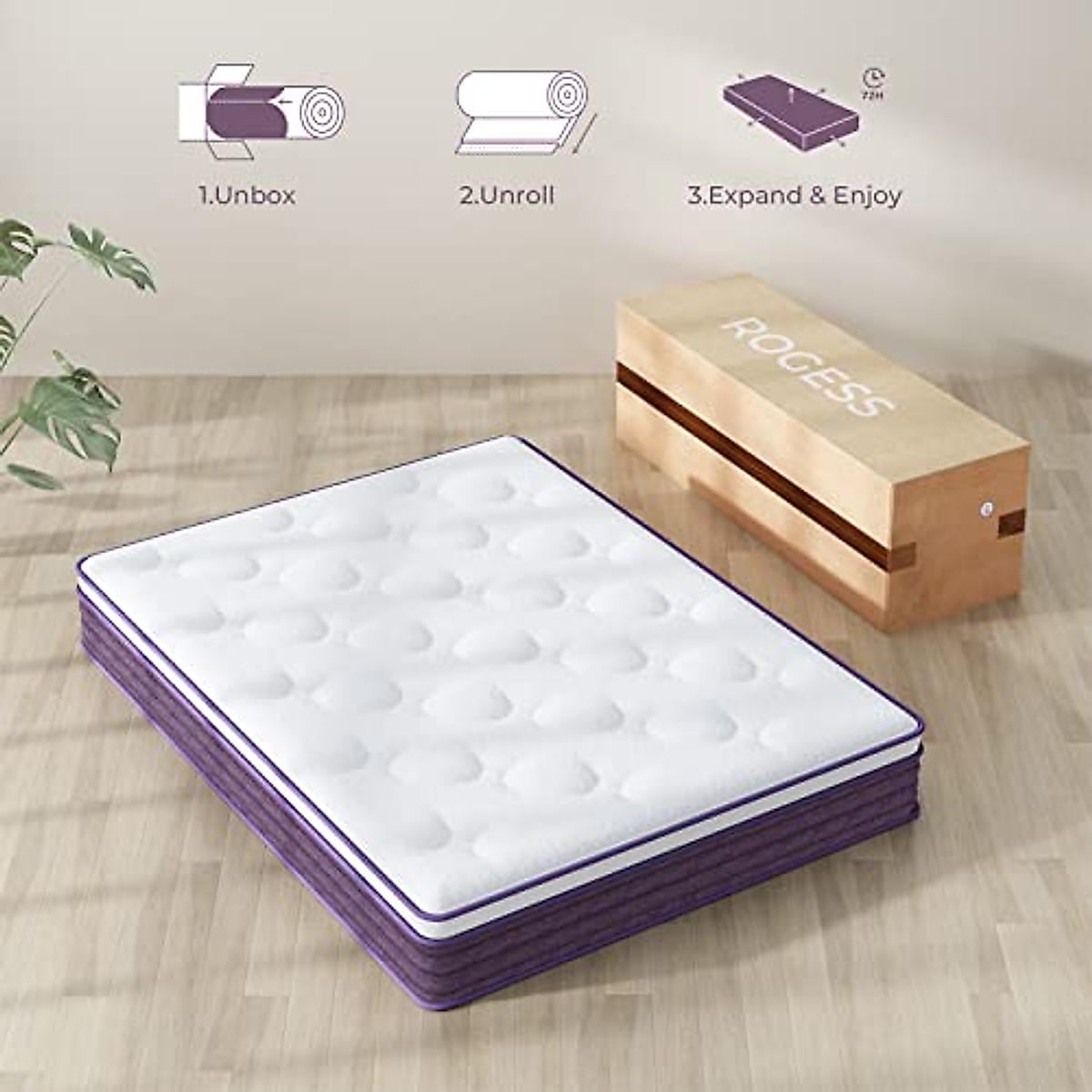 REGOSS 10 Inch Innerspring Hybrid Mattress, Motion Isolation Individually Wrapped Pocket Coils Mattress, Queen Size Mattress in a Box, Foam and Spring Mattress for Pressure Relief, Purple