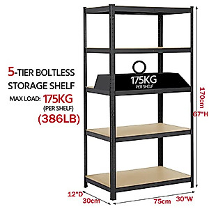 Garage Shelving Unit 5 Tier Adjustable Boltless Metal Racking Extra Heavy Duty Industrial Garage Storage Shelves, for Home Workshop Shed Office Warehouse, 67" H x 30" W x 12" D, Black