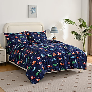 Yibeizi Car Kids Comforter Set for Boys Twin, Cute Reversible Quilted Navy Blue Printed Construction Toddler Bedding Set with Pillow Sham, Lightweight Soft Breathable Machine Washable Bed Set 2 Piece