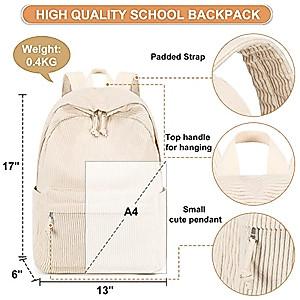 BTOOP School Backpack for Teen Girls Beige Corduroy Bookbags Set Lightweight Schoolbag with Lunch Box and Pencil Case