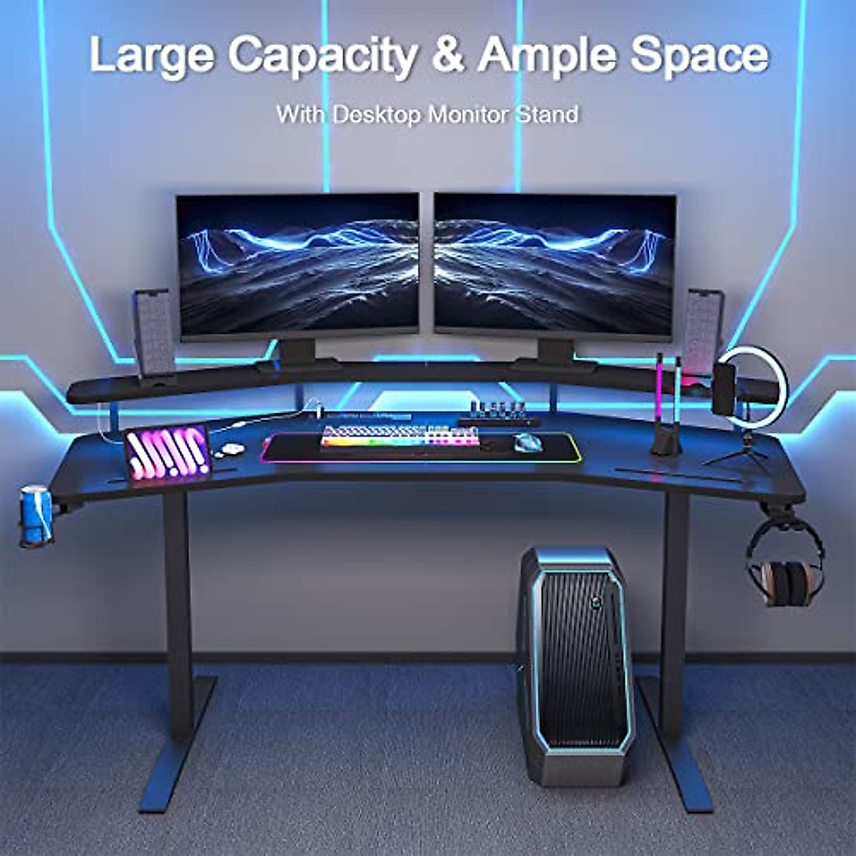 Melodyblue Gaming Desk with LED Lights, 63" Wing-Shaped Computer Desk with RGB Mouse Pad, Power Outlets, Monitor Stand, Headphone Hook, Cup Holder, Ergonomic Studio Desk, Gaming Table, Black