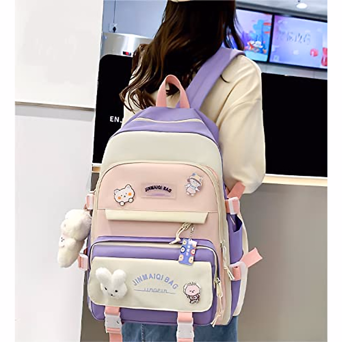 LaurelTree Kawaii Aesthetic Cute 5pcs School Bags Set with Accessories School Suppliers for Teens Girls Backpack Tote Bag (Purple)