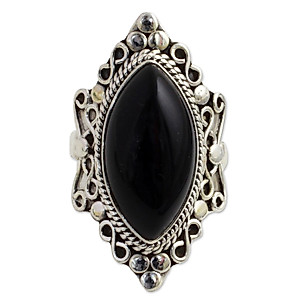 NOVICA Artisan Handmade Onyx Cocktail Ring Sterling Silver from India Black Birthstone [ring Front 1.3 in L x 0.8 in W x 0.4 in H Band Width 3 mm W] ' Lover' S Midnight Gaze'