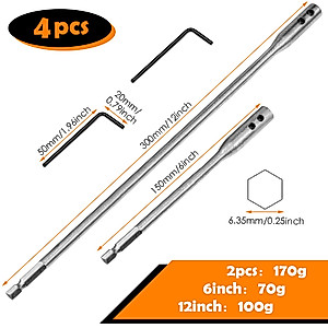 Hotop 4 Pieces 1/4 Drill Bit Extension Set Wood Spade Drill Bit Extension,6 and 12 Inches Spade Drill Bit Extension with 2 Pieces Key,Use with High-Carbon Steel Wood Spade Bits