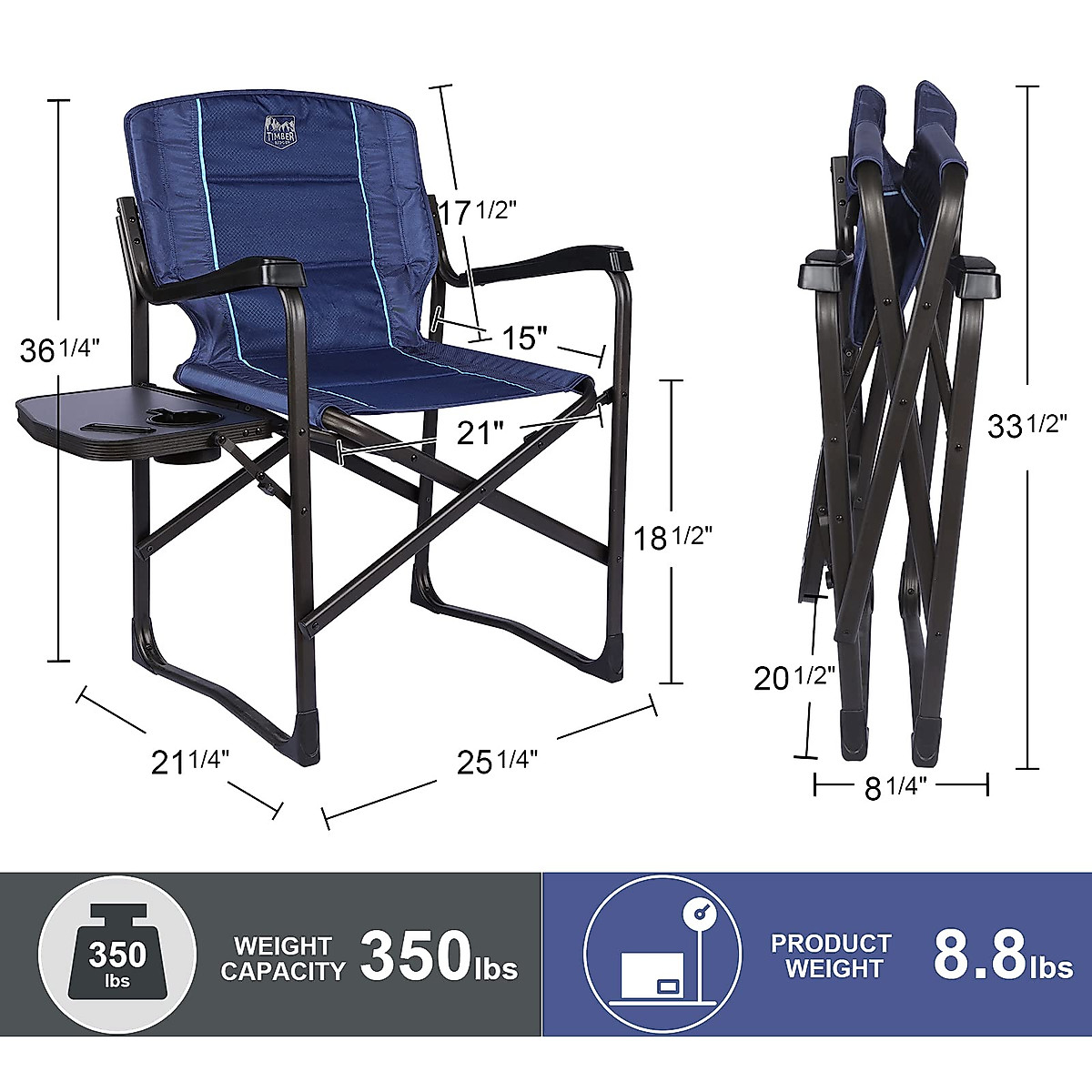 TIMBER RIDGE Lightweight Aluminum Directors Chair with Side Table, Portable Camping Chair with Swivel Back for Camping and Outdoors, Heavy Duty Supports 350 lb