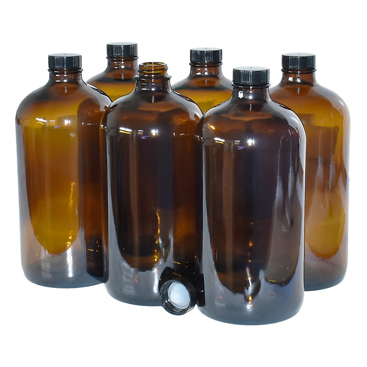 GlassBottleOutlet (Pack of 6) 32 oz. Amber Boston Round with Black Poly Cone Cap