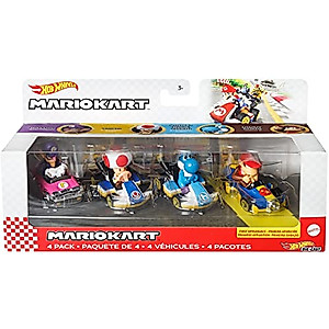 Hot Wheels Mario Kart Vehicle 4-Pack, Set of 4 Fan-Favorite Characters Includes 1 Exclusive Model, Collectible Gift for Kids & Fans Ages 3 Years Old & Up