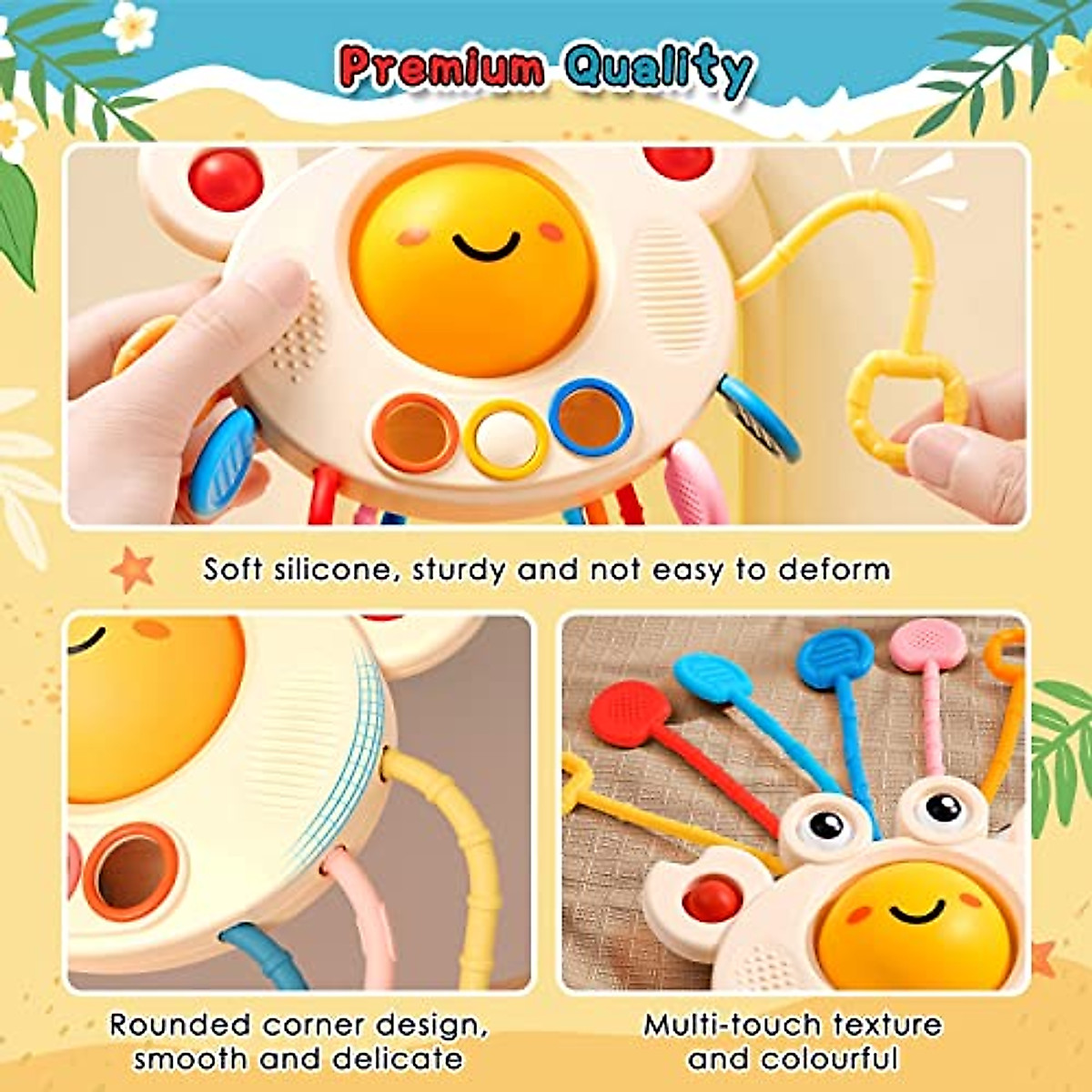 Vrbort Montessori Sensory Toys for Babies, Silicone Pull String for Toddlers 18 Months+, 1-3 Years Old Baby Travel and Teething Toys, Gift for Kids Crab Shape