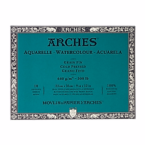 Arches Watercolor Block 9x12-inch Natural White 100% Cotton Watercolor Paper - 10 Sheets of Arches 300 lb Watercolor Paper Cold Press - Watercolor Paper Block for Gouache Ink Acrylic and More