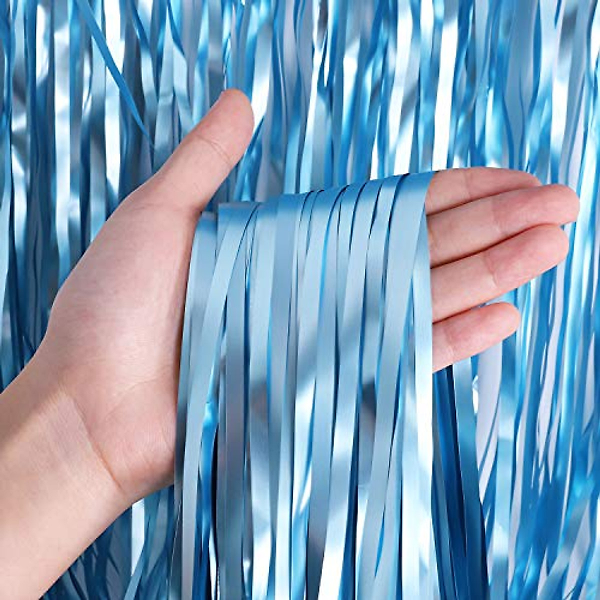 2 Pack 3.3 ft x 9.8 ft Foil Curtains Metallic Fringe Curtains Shimmer Curtain Photo Backdrop for Halloween Christmas Birthday Party Wedding Deco (Pale Blue)