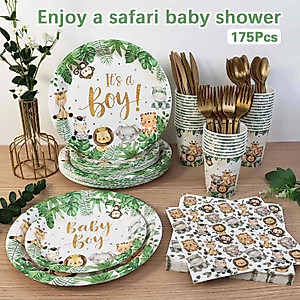 175Pcs Safari Baby Shower Decorations Plates Set, Jungle Theme Zoo Animals Plates Napkins Cups and Cutlery for 25 Guests