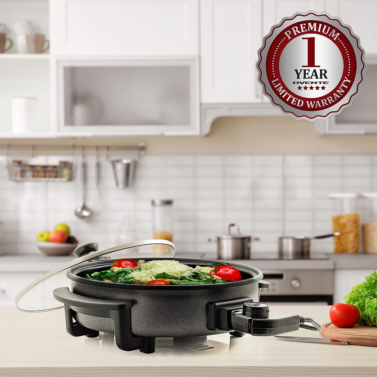 OVENTE Electric Skillet and Frying Pan, 12 Inch Round Cooker with Nonstick Coating, 1400W Power, Adjustable Temperature Control, Tempered Glass Lid with Vent and Cool Touch Handles, Black SK11112B