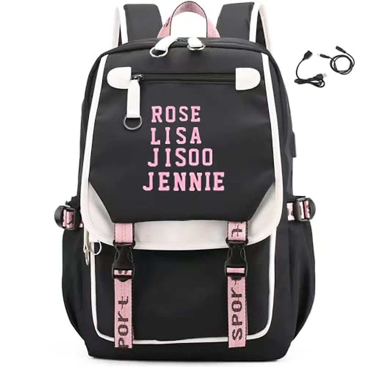 BBSLEVY with USB and audio cable for students, double backpack casual backpack, 15.6-inch laptop BLACKPINK (Black), 11.4 * 6.3 * 18