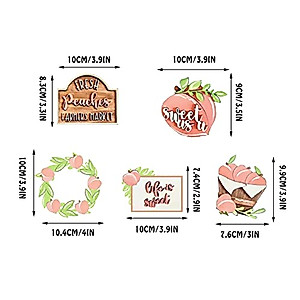 5 Pieces Summer Peaches Tiered Tray Decorations Wooden Rustic Farmhouse Tiered Tray Decor Set, Summer Fresh Pink Peaches Fruit Market Signs Independence Day Kitchen Home Table Shelf Holiday Decor