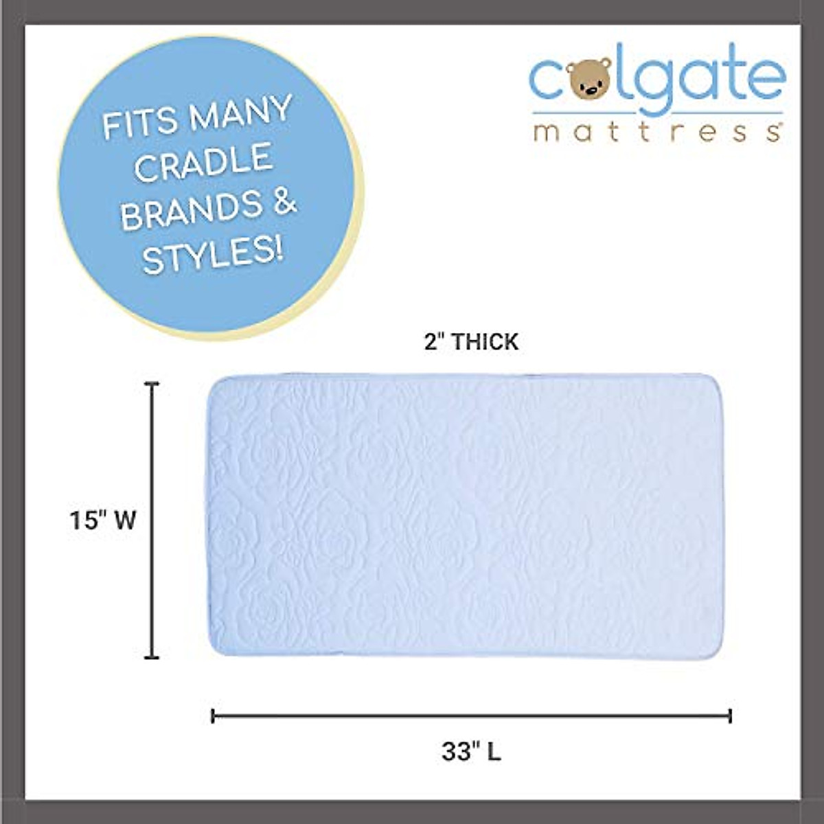 Colgate Mattress Cradle & Bassinet Mattress - GREENGUARD Gold Certified, Reversible Bassinet Pad with 2” Thickness, Wrapped in Waterproof Quilted Cover - 15” X 33” X 2”