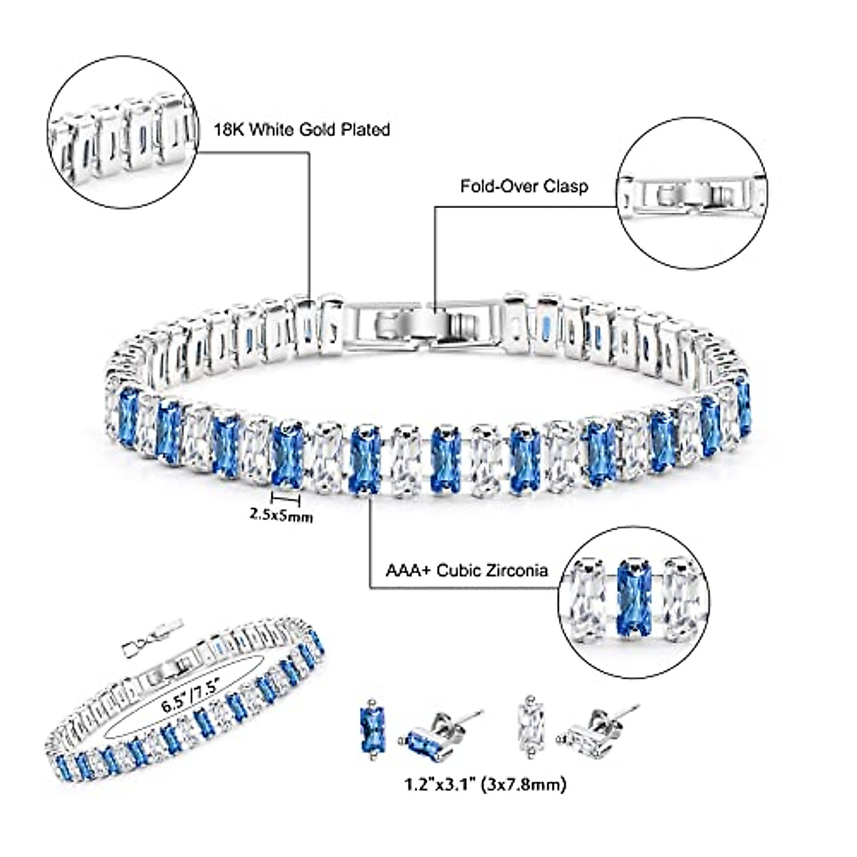 PORIMEE Silver Tennis Necklace Bracelet Earrings Sets Pack of 4, Blue Cubic Zirconia Tennis Jewelry Set for Women Trendy Fashion Jewelry Gift for Girls