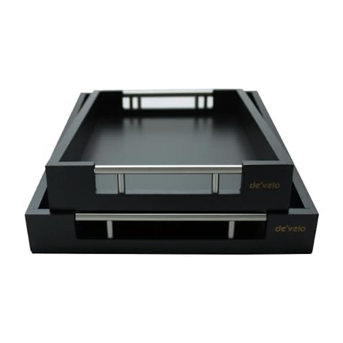 DE'VELO Modern Bamboo Serving Trays with Metal Handles – Set of 2 Nests – Large and Small Trays Set for Food, Ottoman Décor & More – Ideal for Breakfast - Black