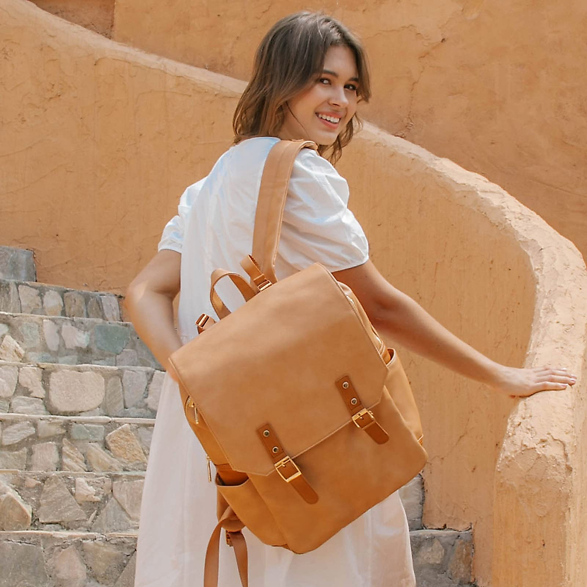 miss fong Leather Diaper Bag Backpack Diaper Bag Purse, Baby Diaper Bag for mom dad with 12 Diaper Bag Organizers, Changing Pad and 4 Insulated Pockets, Faux Leather Diaper Bag Backpack(Brown)