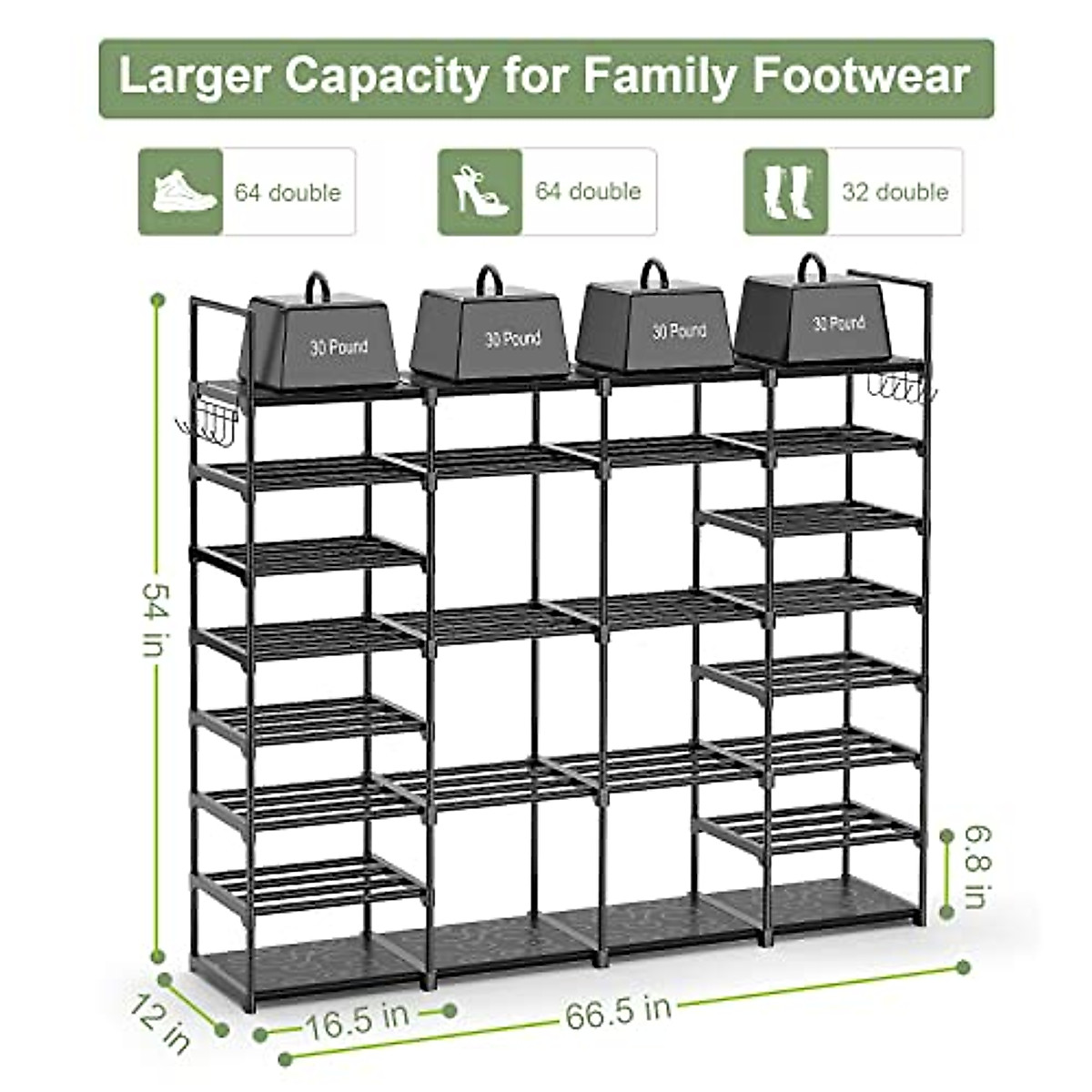 Kottwca Large Shoe Rack Organizer, 4 Row 8 Tier Shoe Storage Shelf for Closet Entryway Garage, Metal Free Standing Shoe Holder for 62-66 Pairs of Shoes, Sturdy Stackable Shoe Stand for Bedroom