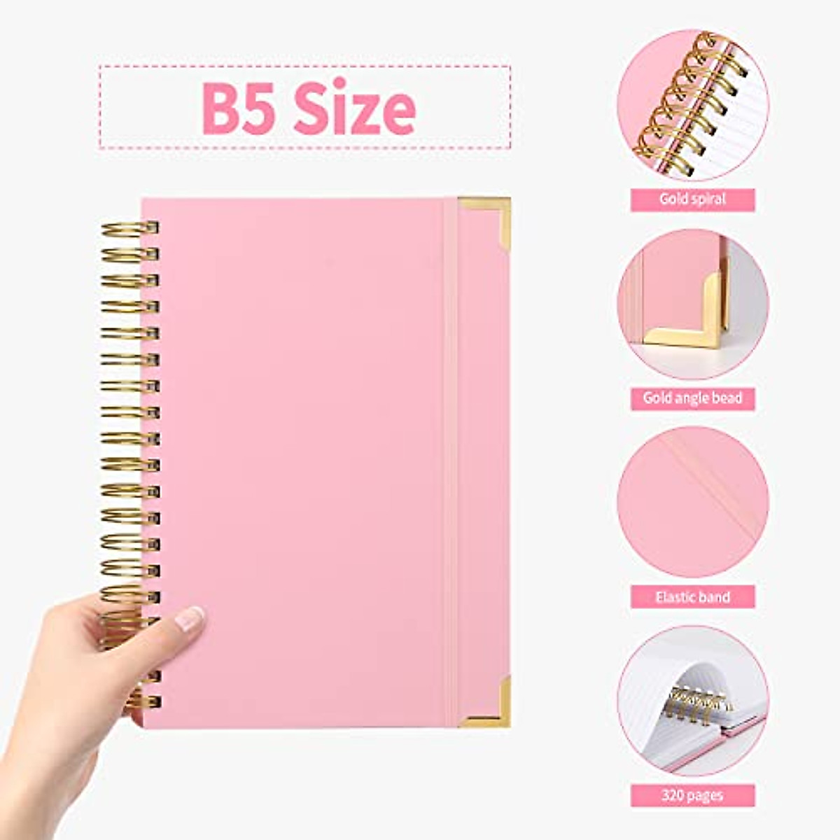 Ddaowanx Hardcover Spiral Notebook, College Ruled Notebook Journal, 7.5"x10.2", 320 Pages Leather Writing Journal for Women, 3 Subject B5 Hardcover Notebook for Work School (B5)