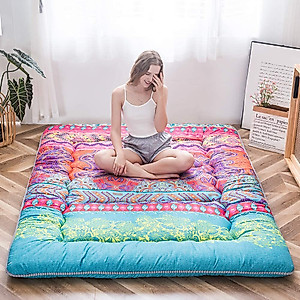 MAXYOYO Bohemian Futon Floor Mattress Boho Floral Style Japanese Tatami Mat Foldable Bed Portable Camping Sleeping Pad Lounger Couch Bed, Queen