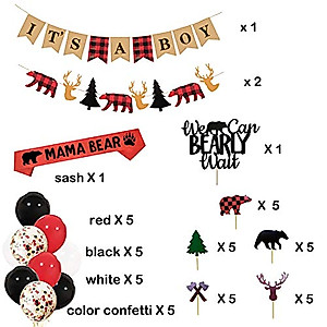 Lumberjack Baby Shower Set Banner Buffalo Plaid Rustic Hunter Theme It's A Boy Camping Bear Baby Shower Cake Topper Decorations Supplies Lumberjack Gender Reveal Banner