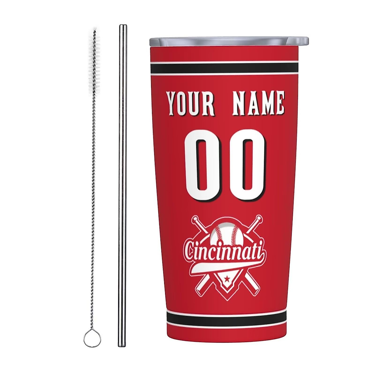 Cincinnati Custom Baseball 20oz Tumbler,Add Personalized Name And Number,Personalized Travel Coffee Mug, Stainless Steel, Insulated, Keep Drinks Cold And Hot,Gifts For Baseball Fans