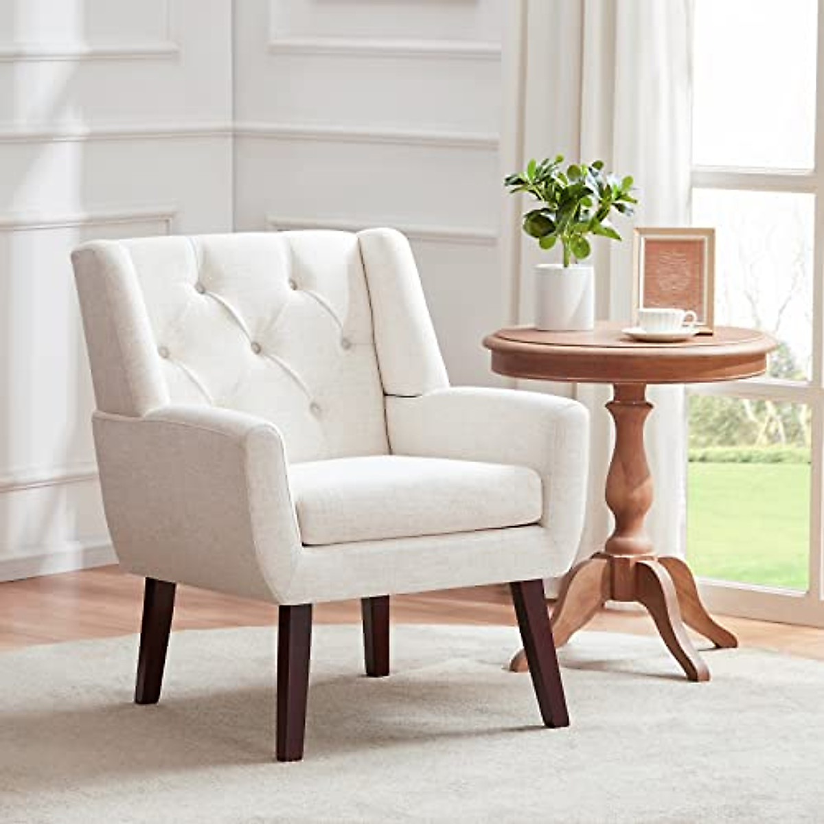 HUIMO Accent Chair Set of 2, Button-Tufted Chairs,Upholstered Reading Living Room Chair,Mid Century Modern Chair with Linen Fabric, Club Chair,Comfy Arm Chairs for Living Room,Bedroom,White