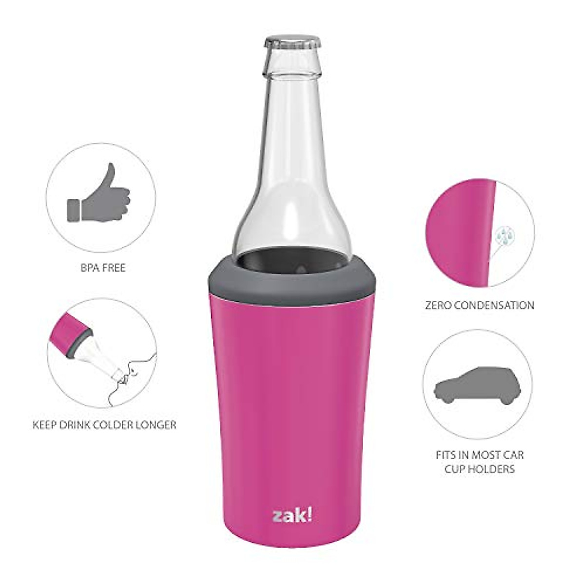 Zak Designs Durable 18/8 Stainless Steel with Vacuum Insulated Can and Bottle Cooler, Great for Cold Drinks Stay Cold in Pool and Party (12oz, Raspberry, BPA Free)