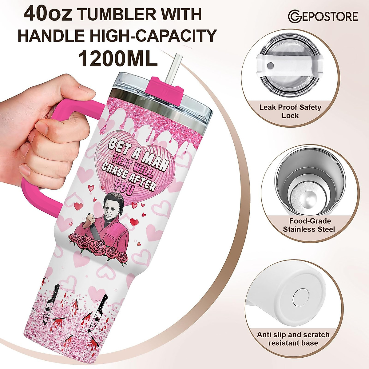 GEPOSTORE Valentines Gifts for Him Her, Horror Character 40 Oz Tumbler with Handle, Scary Cup, Halloween Movie Characters Mug, Gifts for Horror Fans