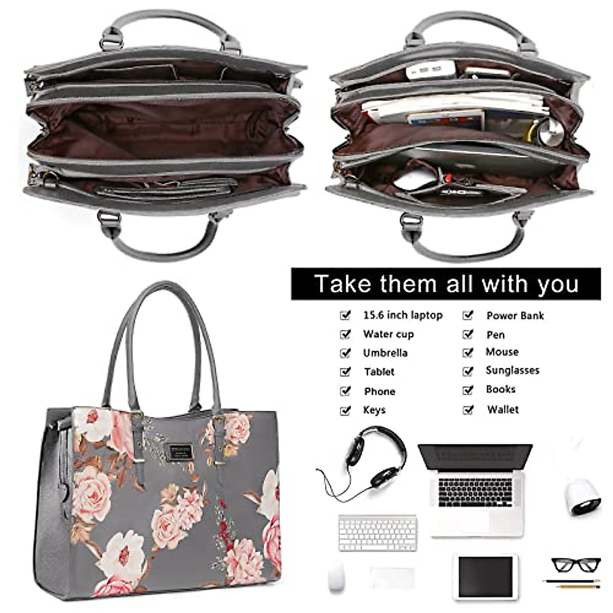 MOSISO Laptop Tote Bag Compatible with MacBook Air 15 inch M3 M2/Pro 16 M4 M3 M2 M1 & 15-15.6 inch Notebook, Peony Waterproof PU Leather Travel Work Briefcase with Adjustable PU Handle, Grey