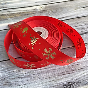 CUISANHOUSE 25Y Christmas Ribbon Satin, 1 inch Wide Printed Ribbons with Golden Christmas Tree Snowman Snowflakes, Merry Christmas Ribbon for Kids Gift Packaging Wrapping Craft Decoration (Red)