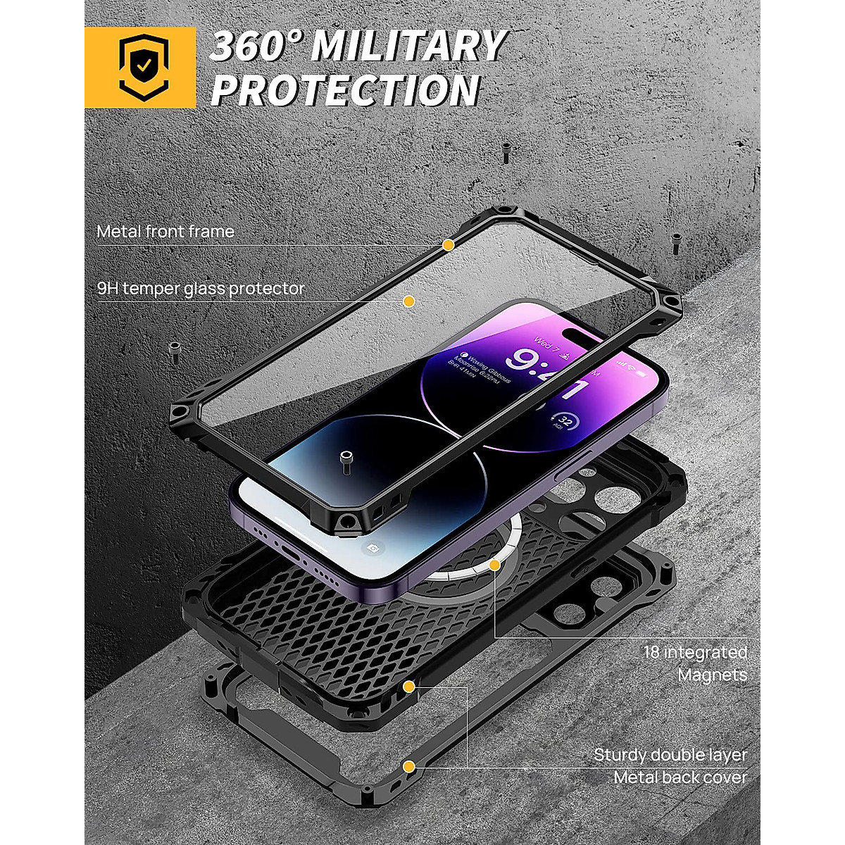 Lanhiem Magnetic for iPhone 14 Pro Max Metal Case, [Built-in Camera Kickstand & Glass Screen Protector] Heavy Duty Full Body Rugged Protective Military Magsafe Cover for iPhone 14 Pro Max 6.7" (Black)