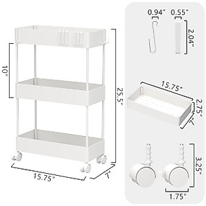 CAXXA 3 Tier Slim Mobile Utility Cart Rolling Cart ,Plastic Basket Storage Organizer, for Kitchen Laundry Bathroom Living Room Narrow Place Slide Out Storage Cart with Casters (White, 15.75Lx7W)