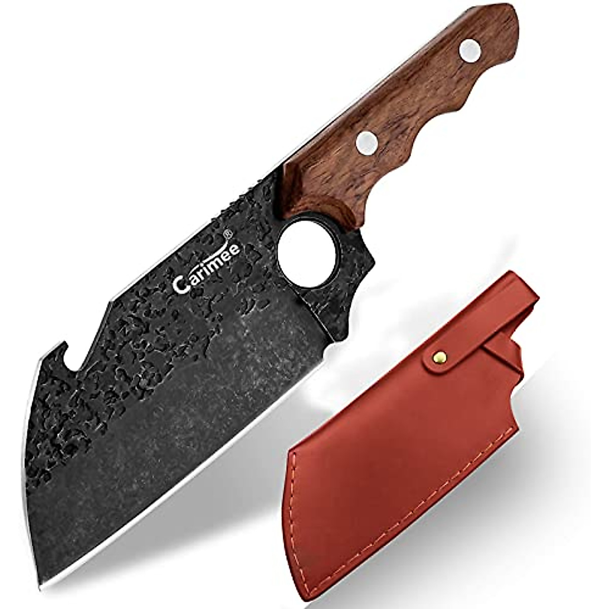 Meat Cleaver Knife, Heavy Duty Kitchen Chopping Knife with Leather Sheath and Bottle Opener Full Tang Ergonomic Handle for Kitchen/Camping/Outdoor Survival BBQ -Gift Box