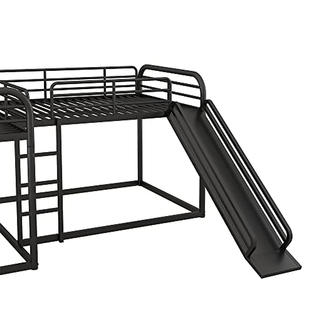 RORIGAT Quad Bunk Bed with Slide, L Shaped Bunk Bed for 4, Heavy-Duty Metal Floor Bunk Bed Frame Full and Twin Size for Kids Teens Girls Boys,Black