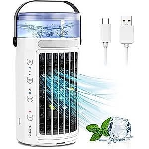 Portable Air Conditioner Fan, MAXROCK Portable AC Personal Mini Air Cooler 3 Speed Super Quiet Desk Air Cooling Fan 7 Colors LED Light for Personal Use Small Room