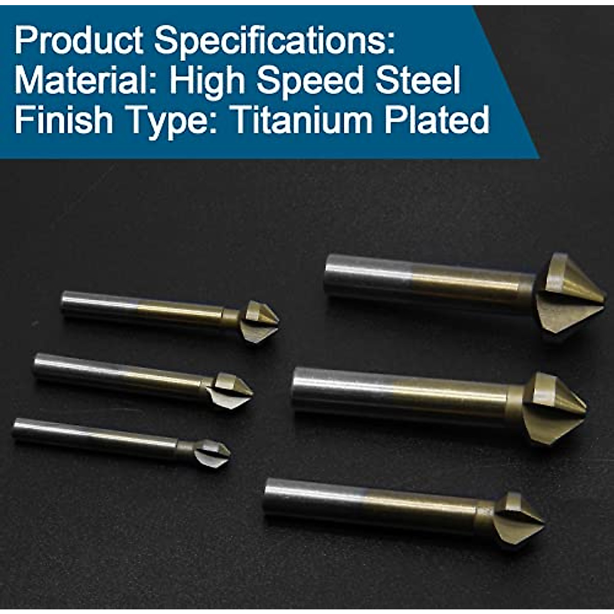 Aracombie 6 Pack 3 Flute 90 Degree Countersink Drill Bit Set, Titanium HSS Chamfering Tool Set Metric End Mill Cutter Bits, Deburring Chamfering Bit for Metal, Wood, Aluminum, Stainless Steel