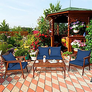 LUKEO Patio Rattan Furniture Set Acacia Wood Frame Cushioned Sofa Chair Navy Single Sofa Loveseat